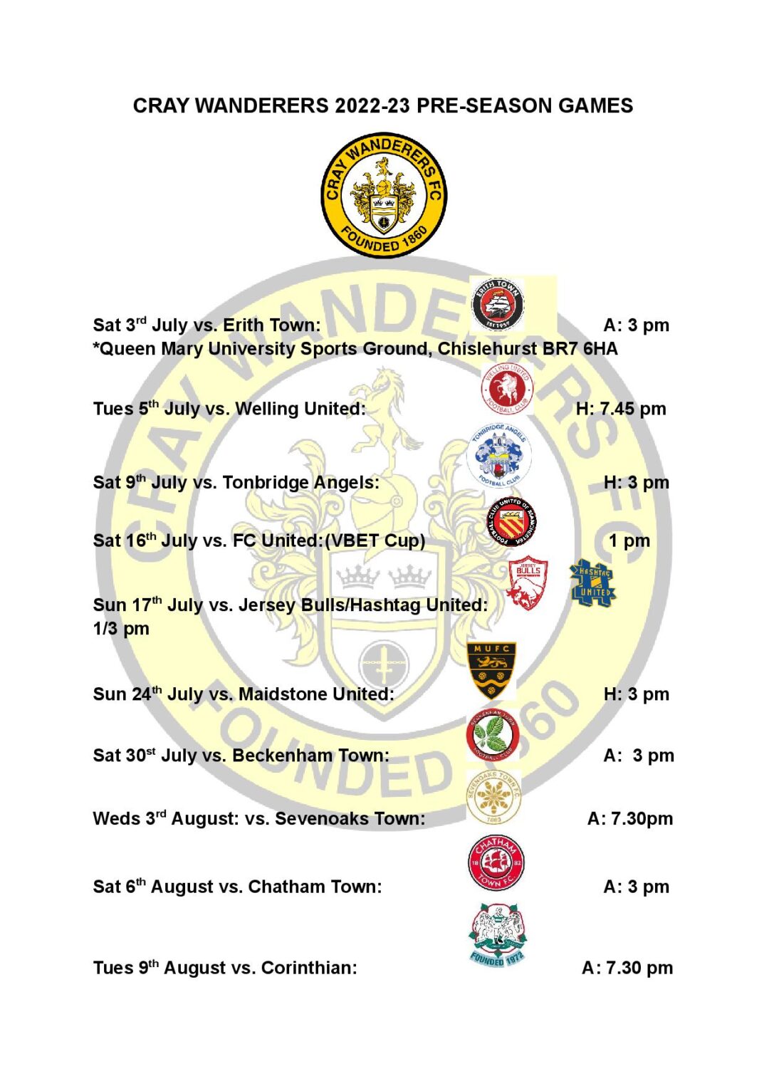 Cray Wanderers 2022-23 Pre-Season Friendlies - Cray Wanderers FC