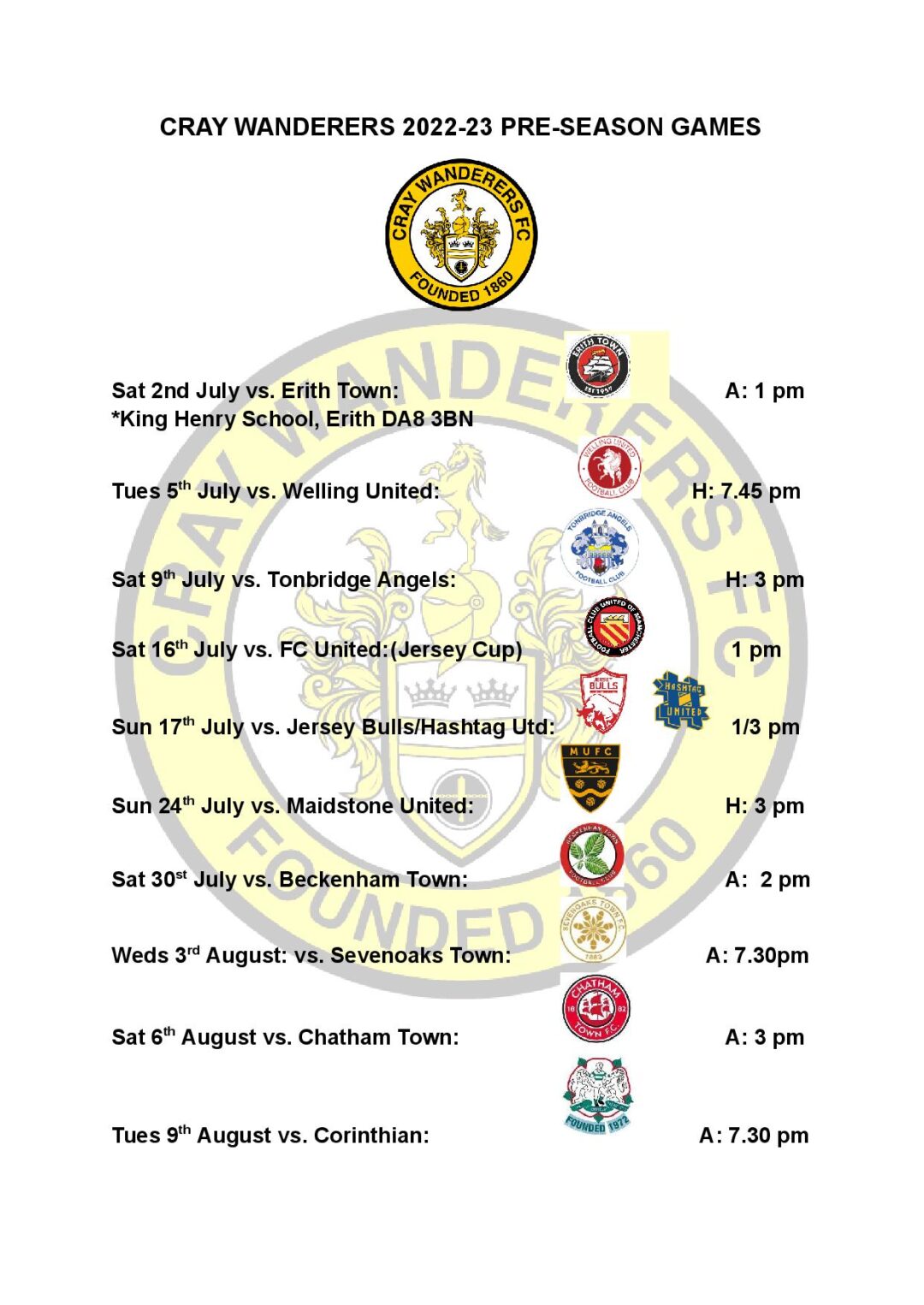 Cray Wanderers pre-season fixtures update - Cray Wanderers FC