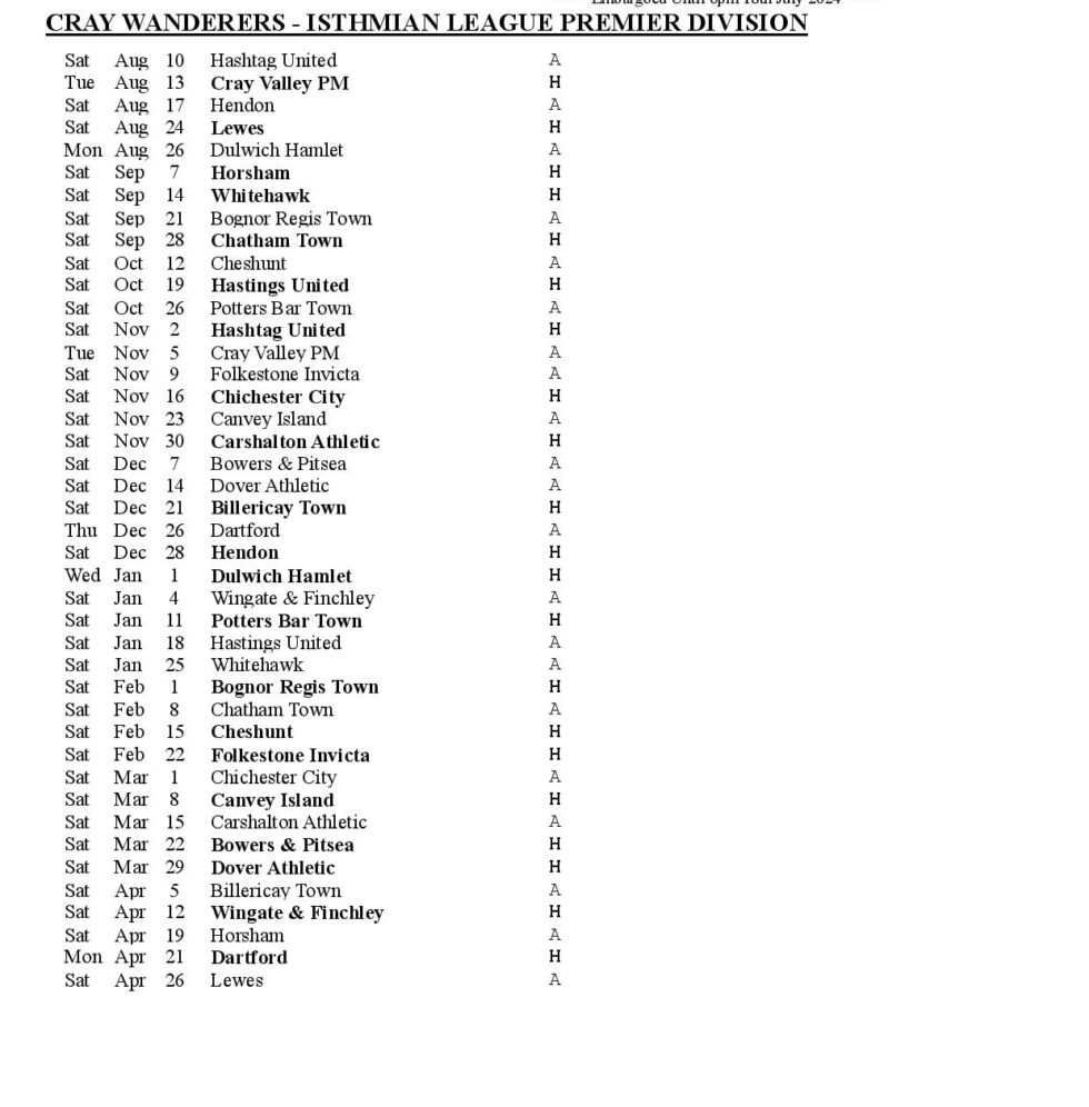 Isthmian Premier League Fixtures Announced - Cray Wanderers away to Hashtag United first game ...