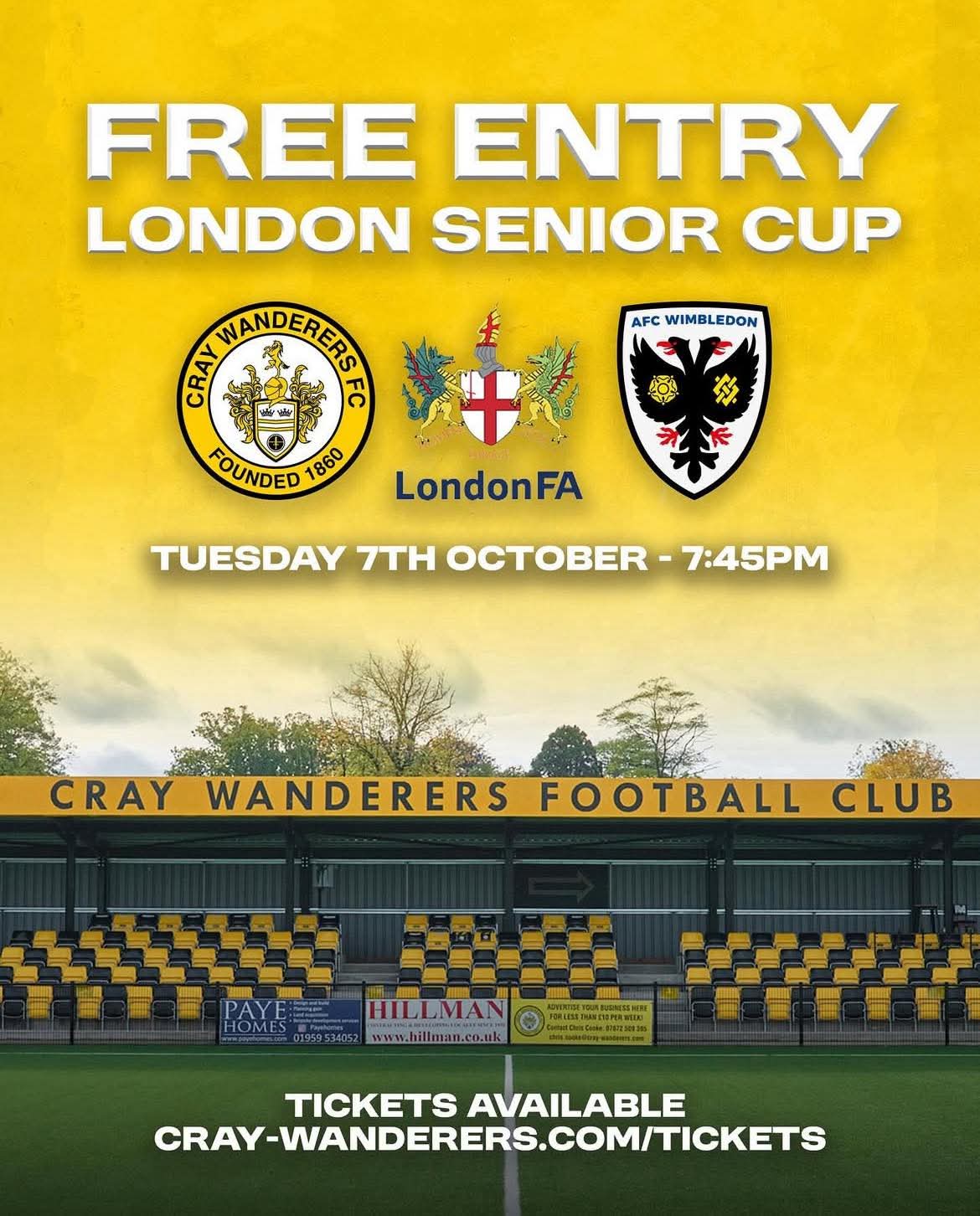 Cray Wanderers vs AFC Wimbledon - London Senior Cup 2nd Round - Tuesday ...